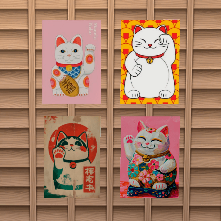 🐾 Lucky Cat Wall Set – 4 Maneki-Neko Posters for Prosperous Vibes 🧧 ...