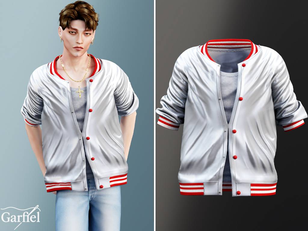 Adult - Silver metallic bomber with red striped trim - The Sims 4 ...