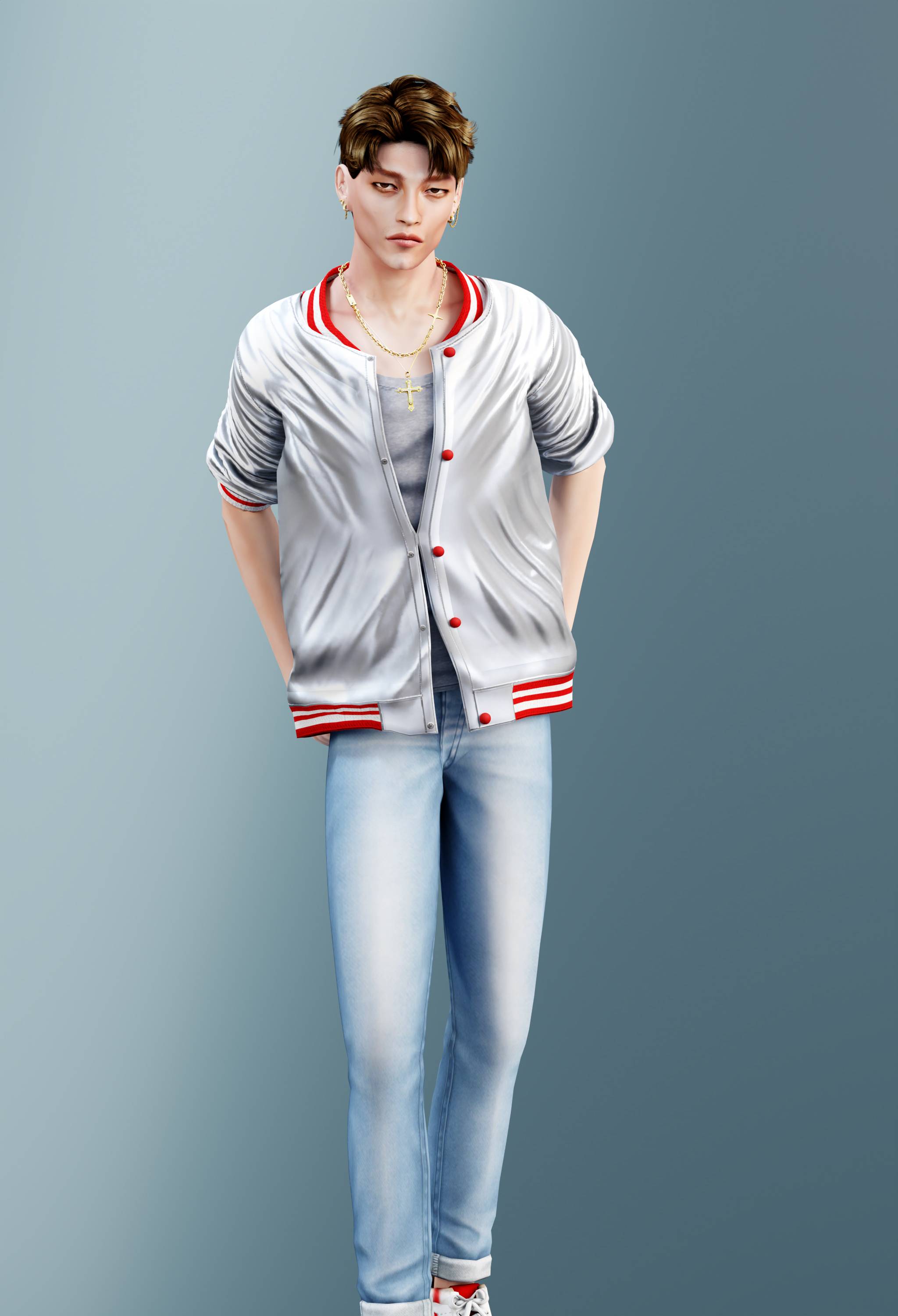Adult - Silver metallic bomber with red striped trim - The Sims 4 ...