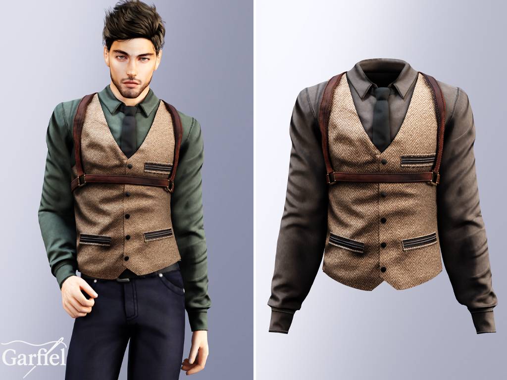 Adult - Tweed vest outfit with shirt and harness straps - The Sims 4 ...
