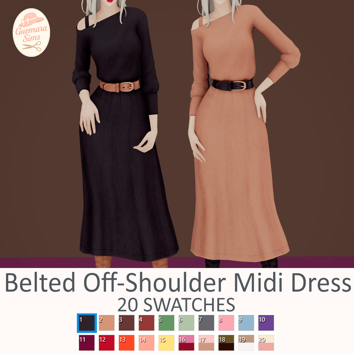 Belted Off-Shoulder Midi Dress - Gallery - The Sims 4 Create a Sim ...