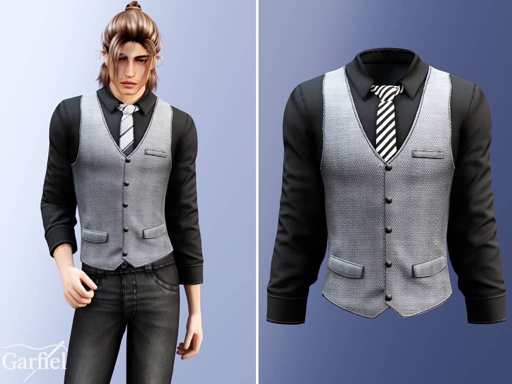 Adult - Formal black shirt with patterned vest & tie - The Sims 4 ...