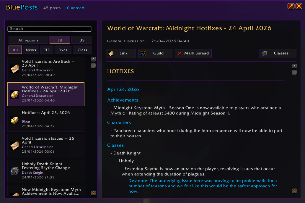 BluePosts - Blizzard Blue Posts Reader - World of Warcraft Addons ...