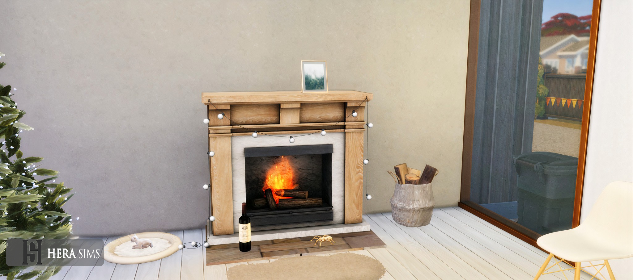 Fireplace with string lights and log tree basket - The Sims 4 Build ...