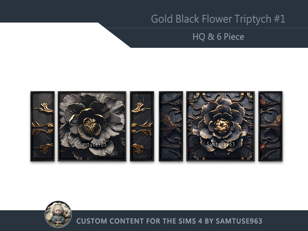 HQ Gold Black Flower Triptych #1 Sellable Extra E Samtuse963 - The Sims 4 Build / Buy - CurseForge