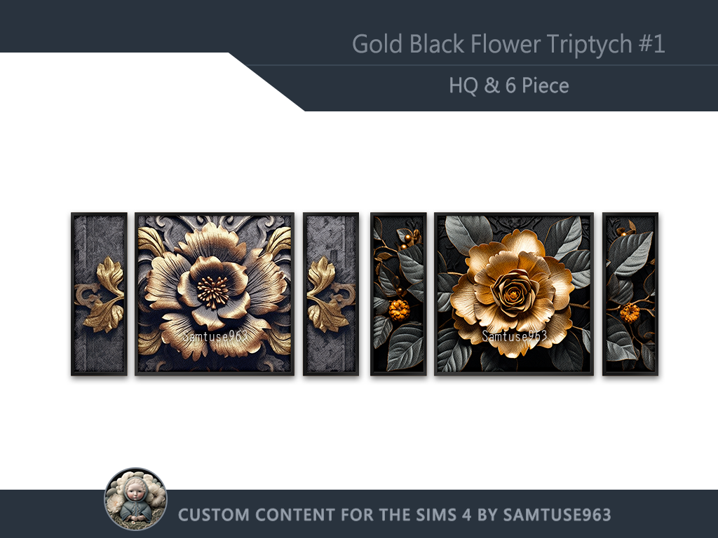 HQ Gold Black Flower Triptych #1 Sellable Extra E Samtuse963 - The Sims 4 Build / Buy - CurseForge