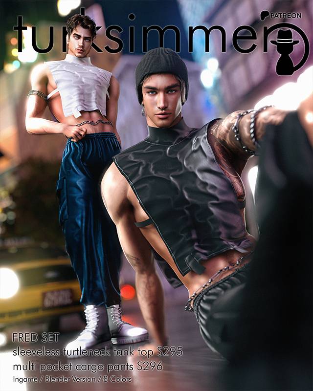 Fred sleeveless turtleneck tank top and multi pocket cargo pants - The Sims 4 Create a Sim ...